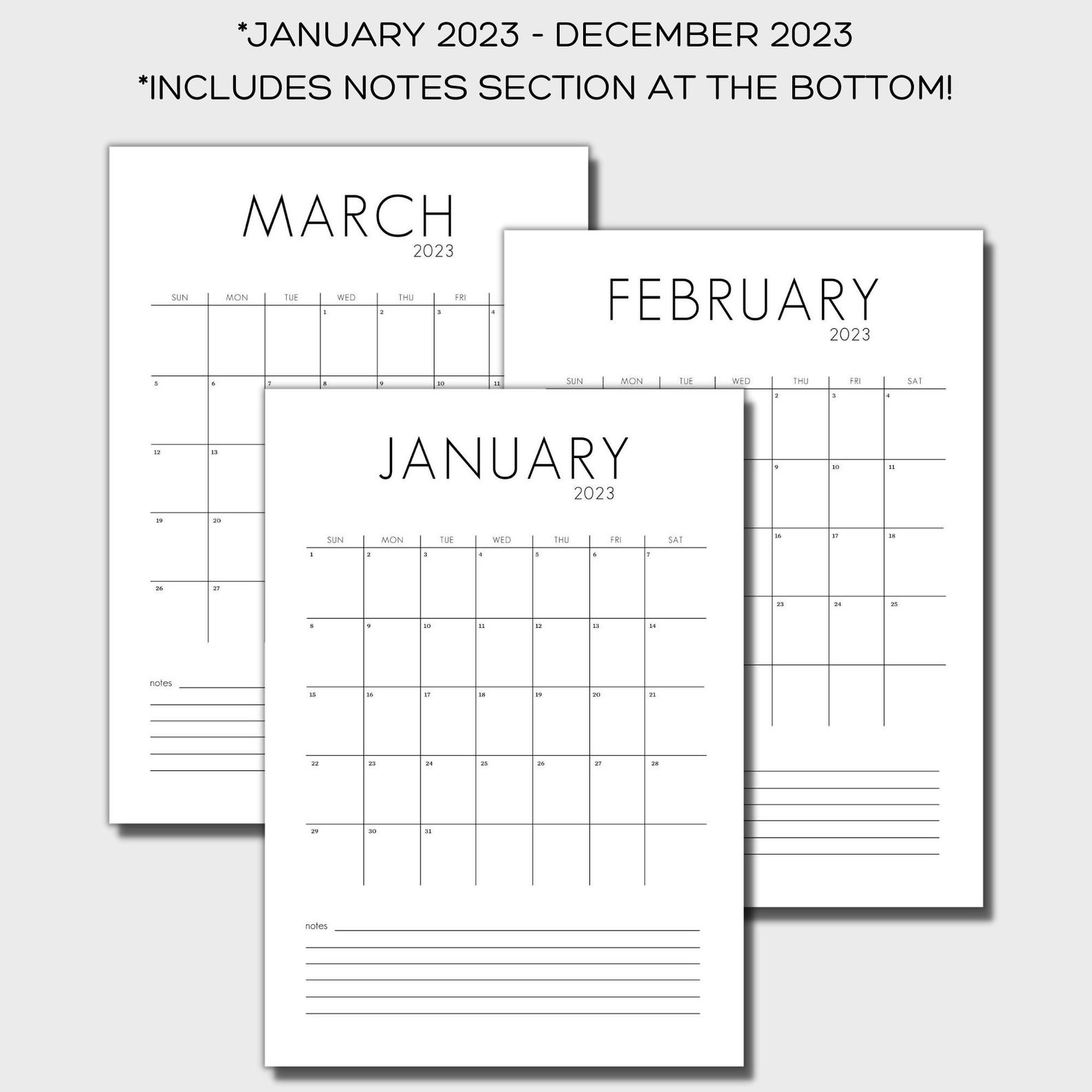 2023 Printable Calendar - Portrait, Digital Download, Letter Size PDF ...