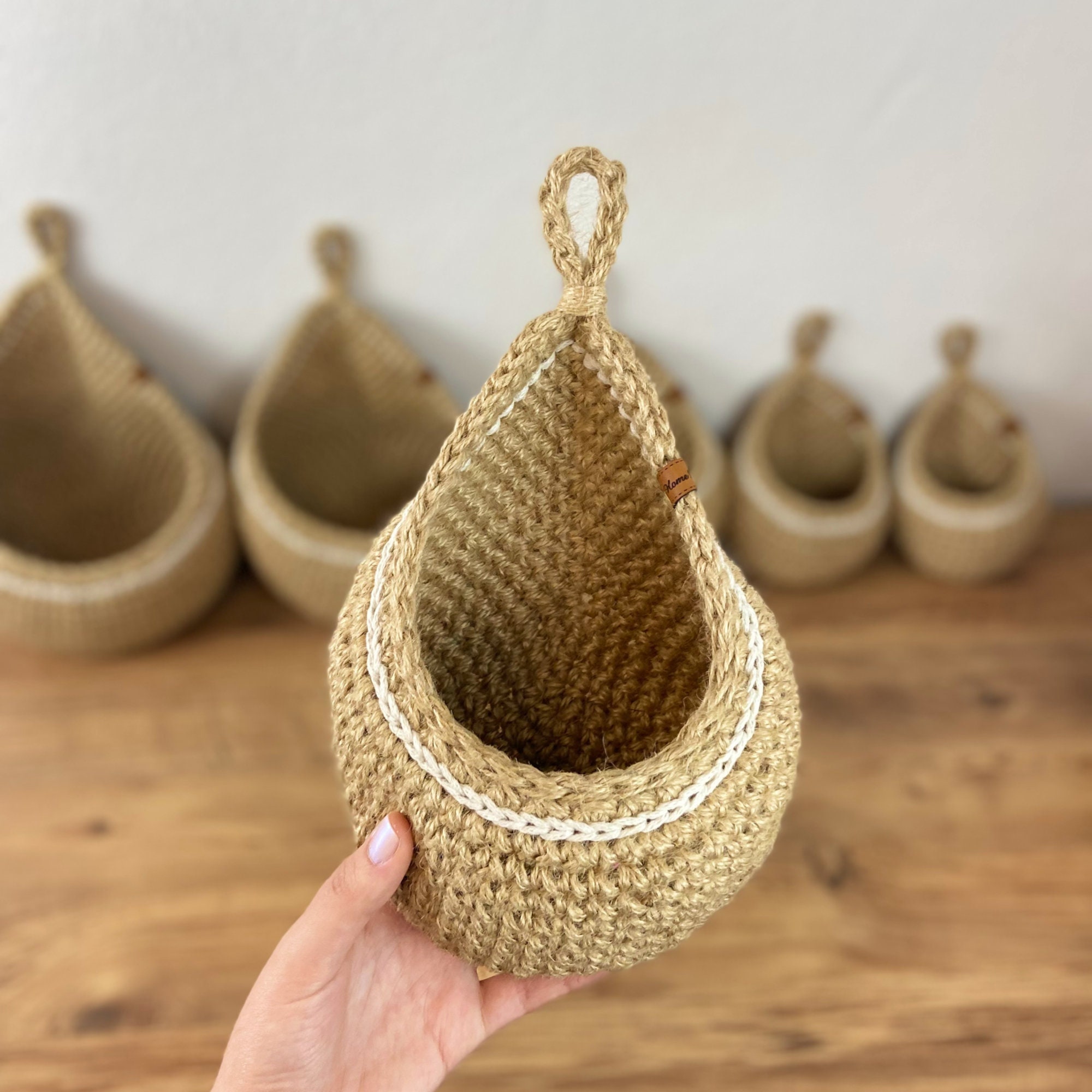 Jute Hanging Wall Basket Basket With White Stripe Hanging - Etsy