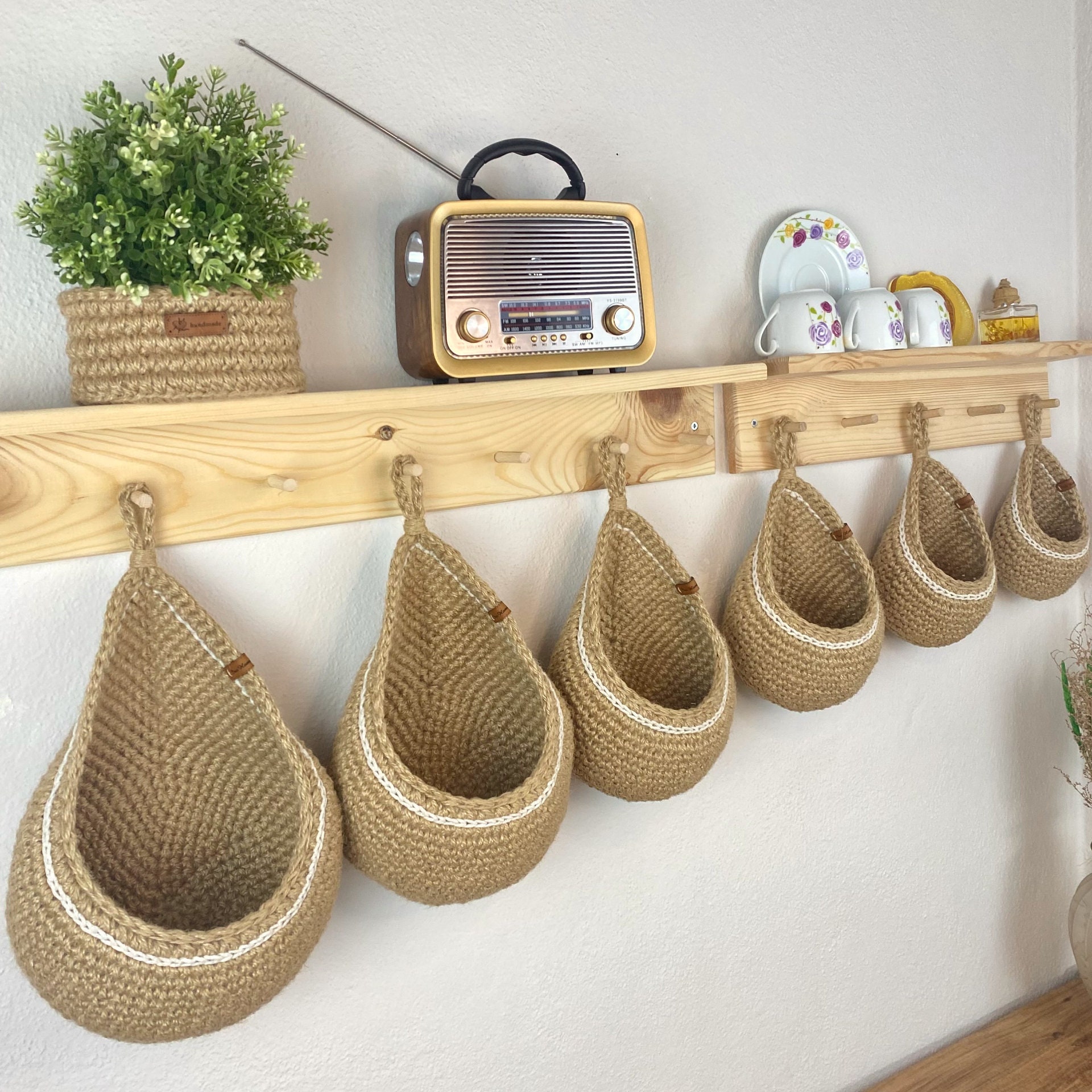 Jute Hanging Wall Basket Basket With White Stripe Hanging - Etsy