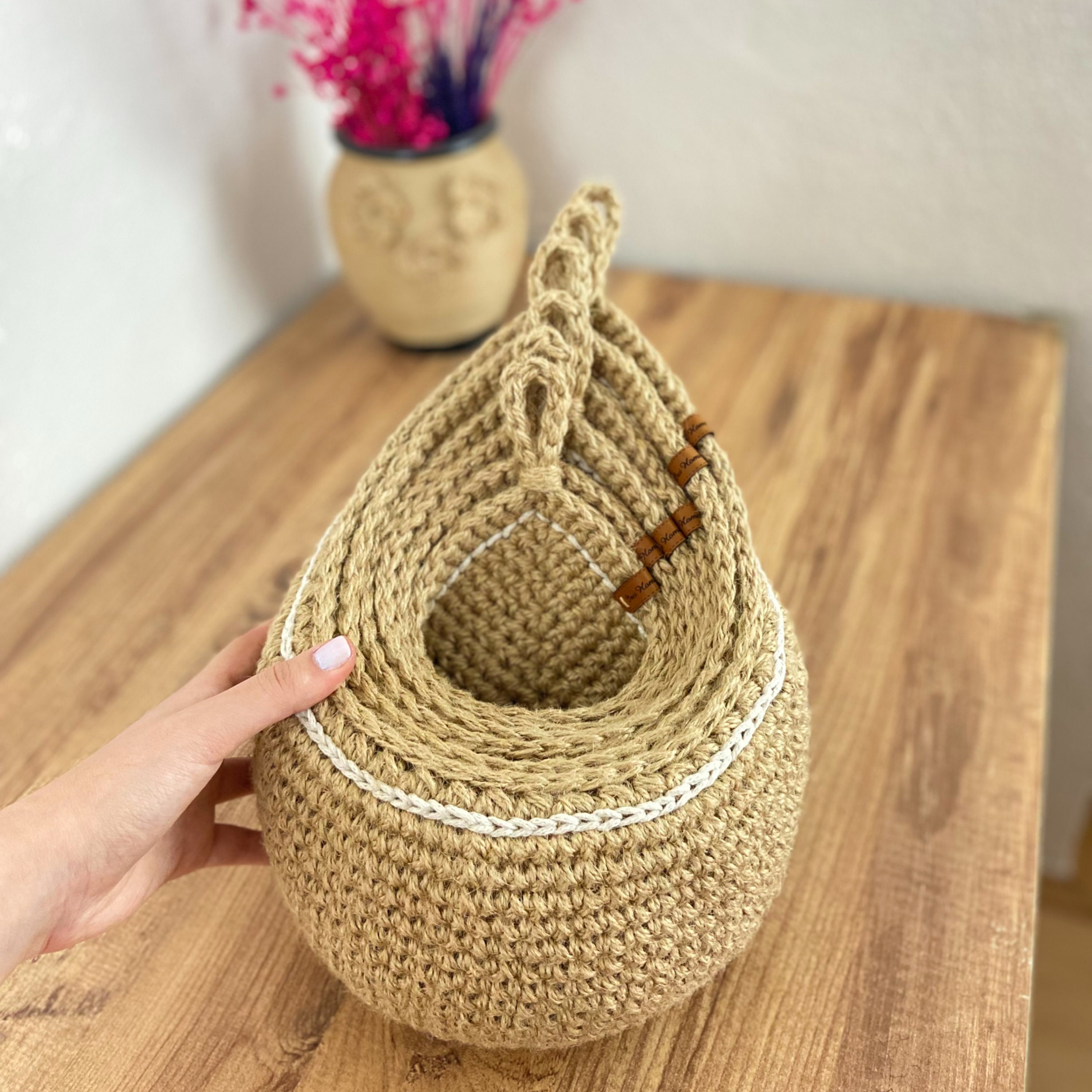 Jute Hanging Wall Basket Basket With White Stripe Hanging - Etsy