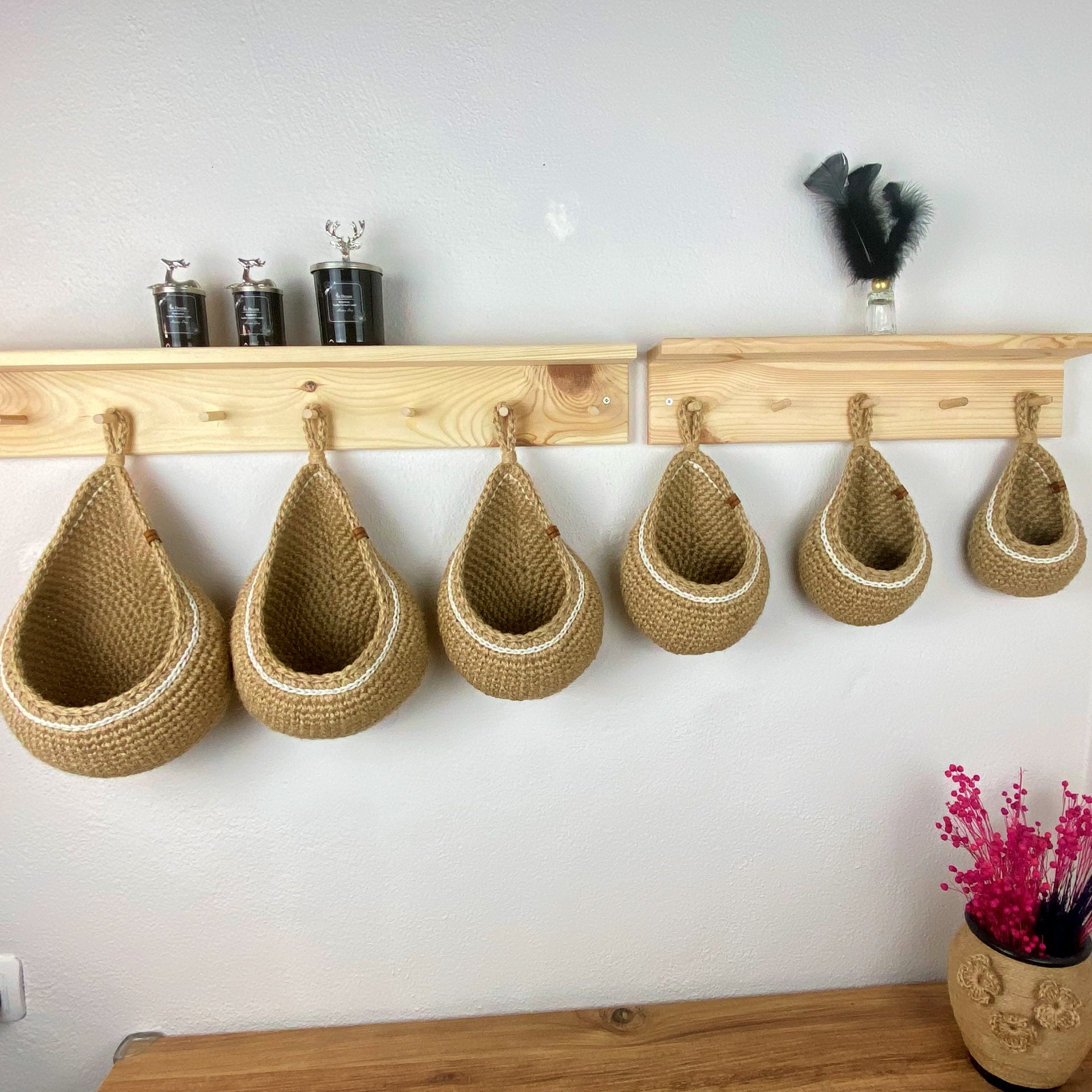 Jute Hanging Wall Basket Basket With White Stripe Hanging - Etsy