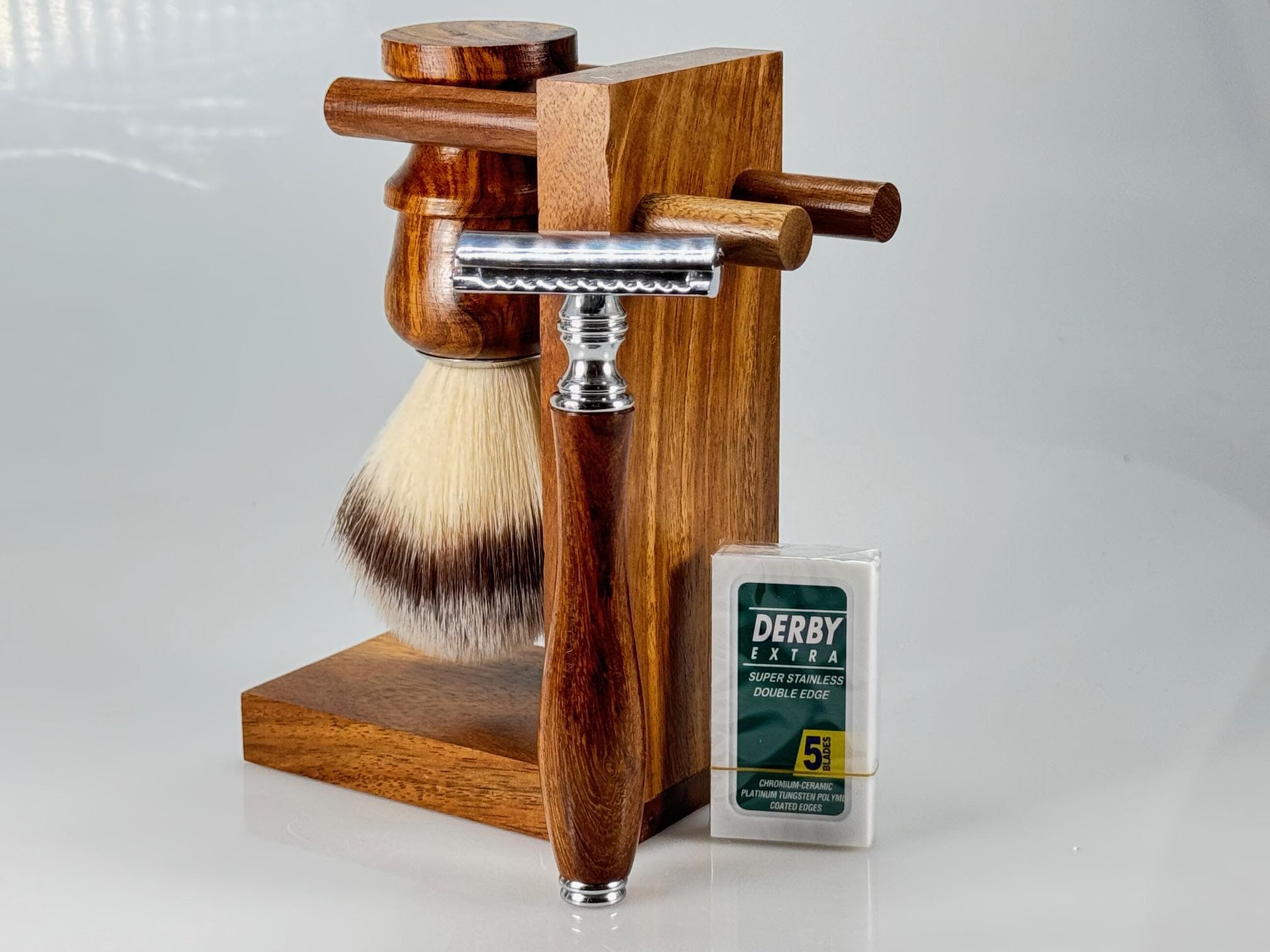 Wood Shaving Set Safety Razor Brush Stand Blades Complete Classic ...