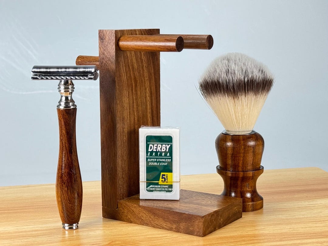 Wood Shaving Set Safety Razor Brush Stand Blades Complete Classic ...