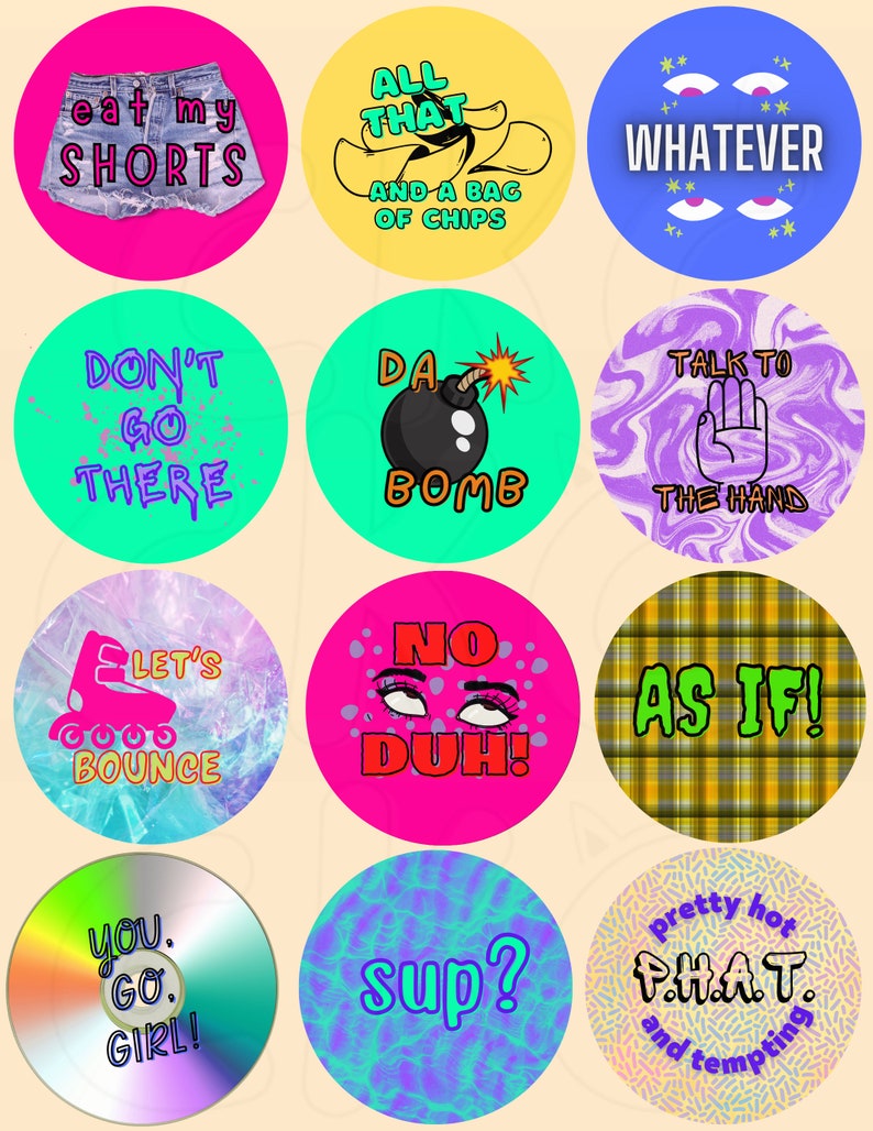 90s Theme Slang, Button Design Templates for Button Maker, Digital ...