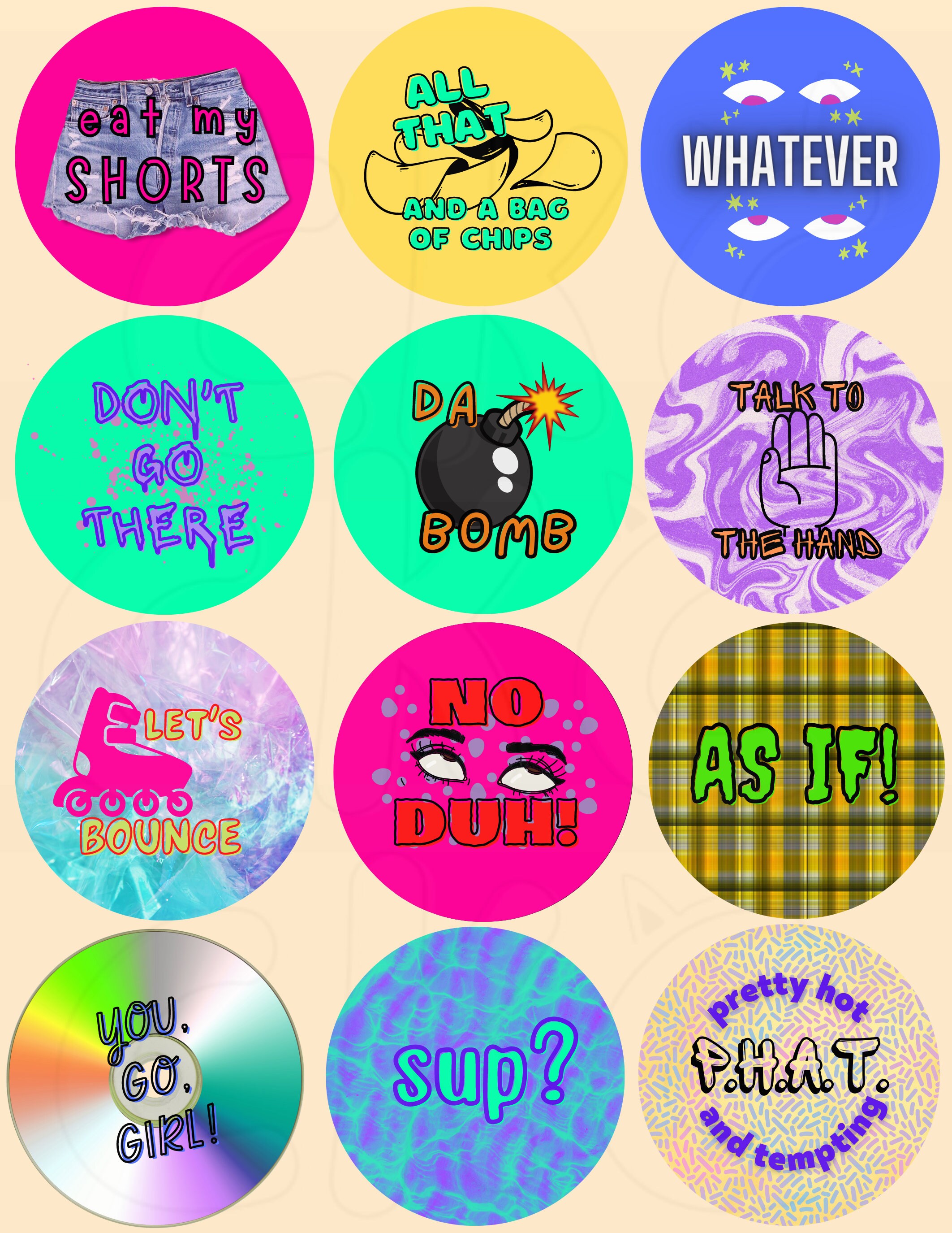 90s Theme Slang, Button Design Templates for Button Maker, Digital ...
