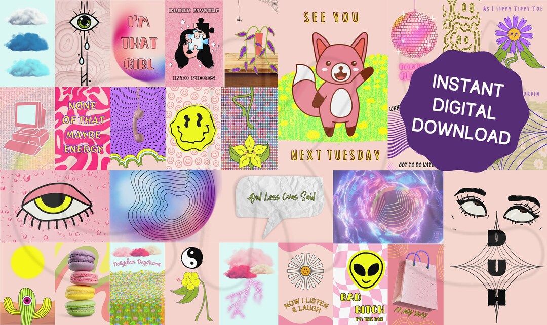 30 Trippy Pink Wall Collage Kit, Pepto Pink Art, Song Quote Prints ...