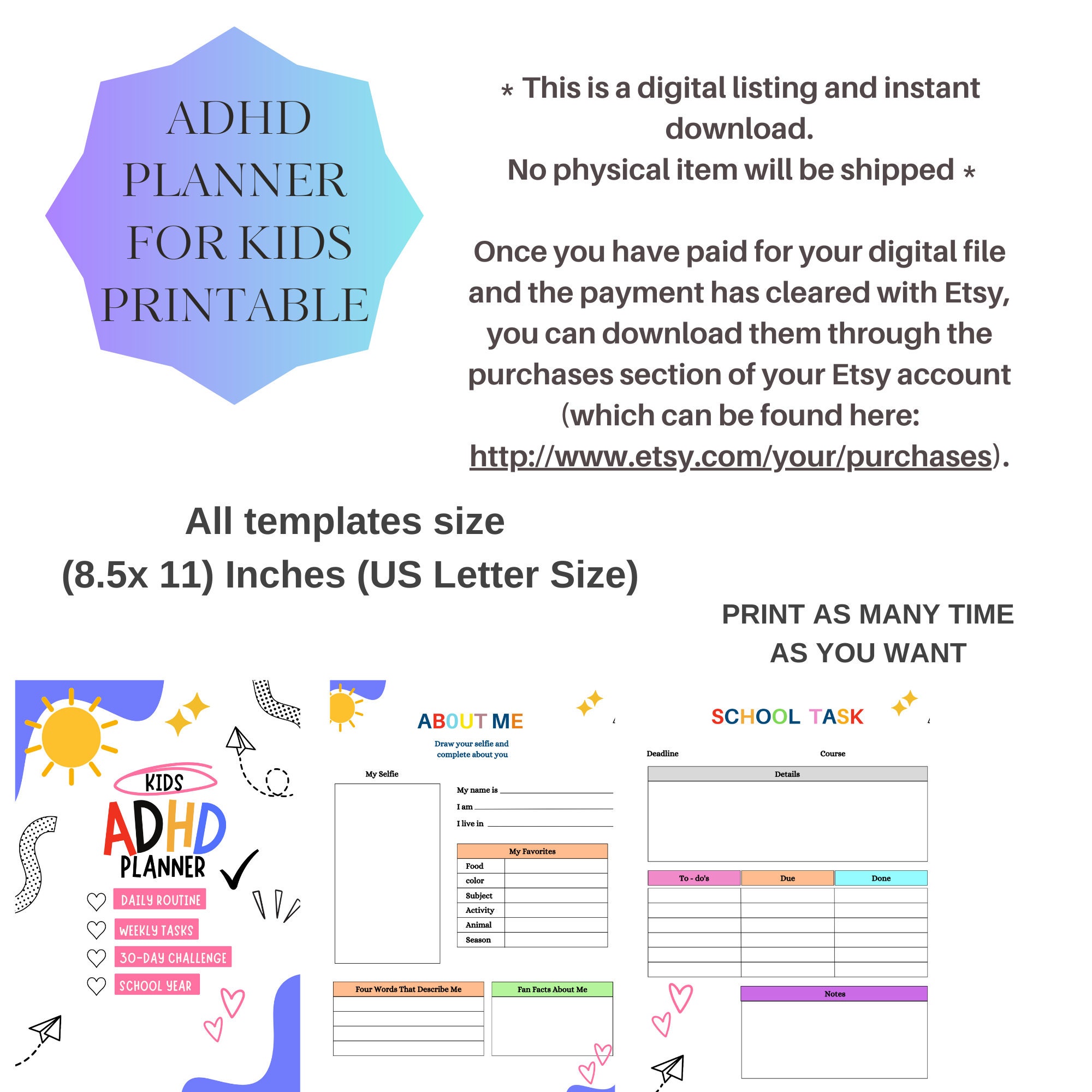 ADHD Planner for Kids, School Planner 2023, Kids Printable Planner ...