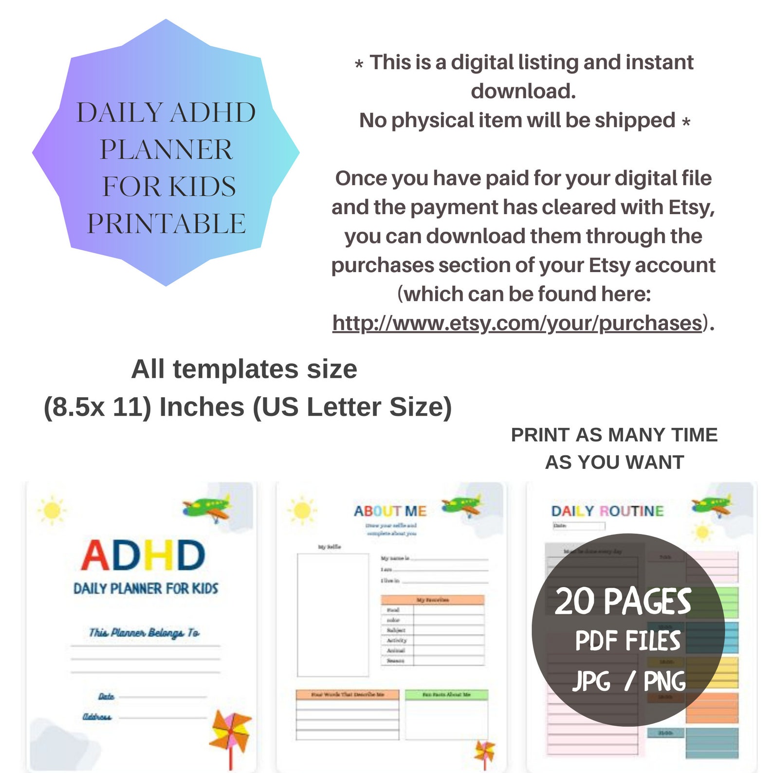Printable Daily Planner for Kids, ADHD Kids Daily Planner, Kids Daily ...