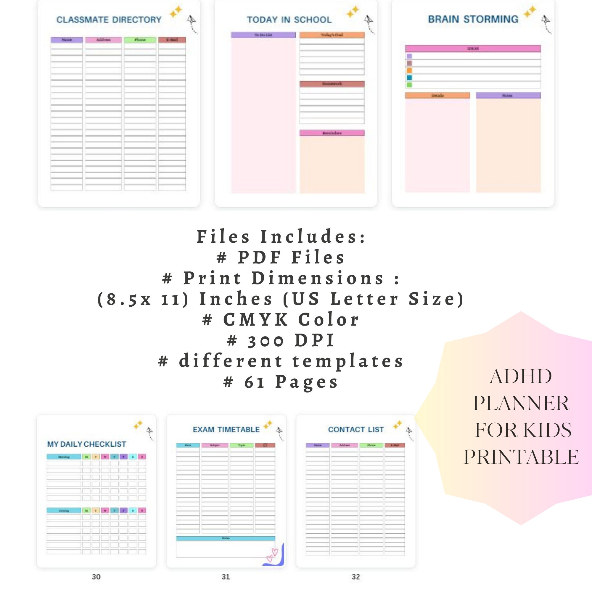 ADHD Planner for Kids, School Planner 2023, Kids Printable Planner ...