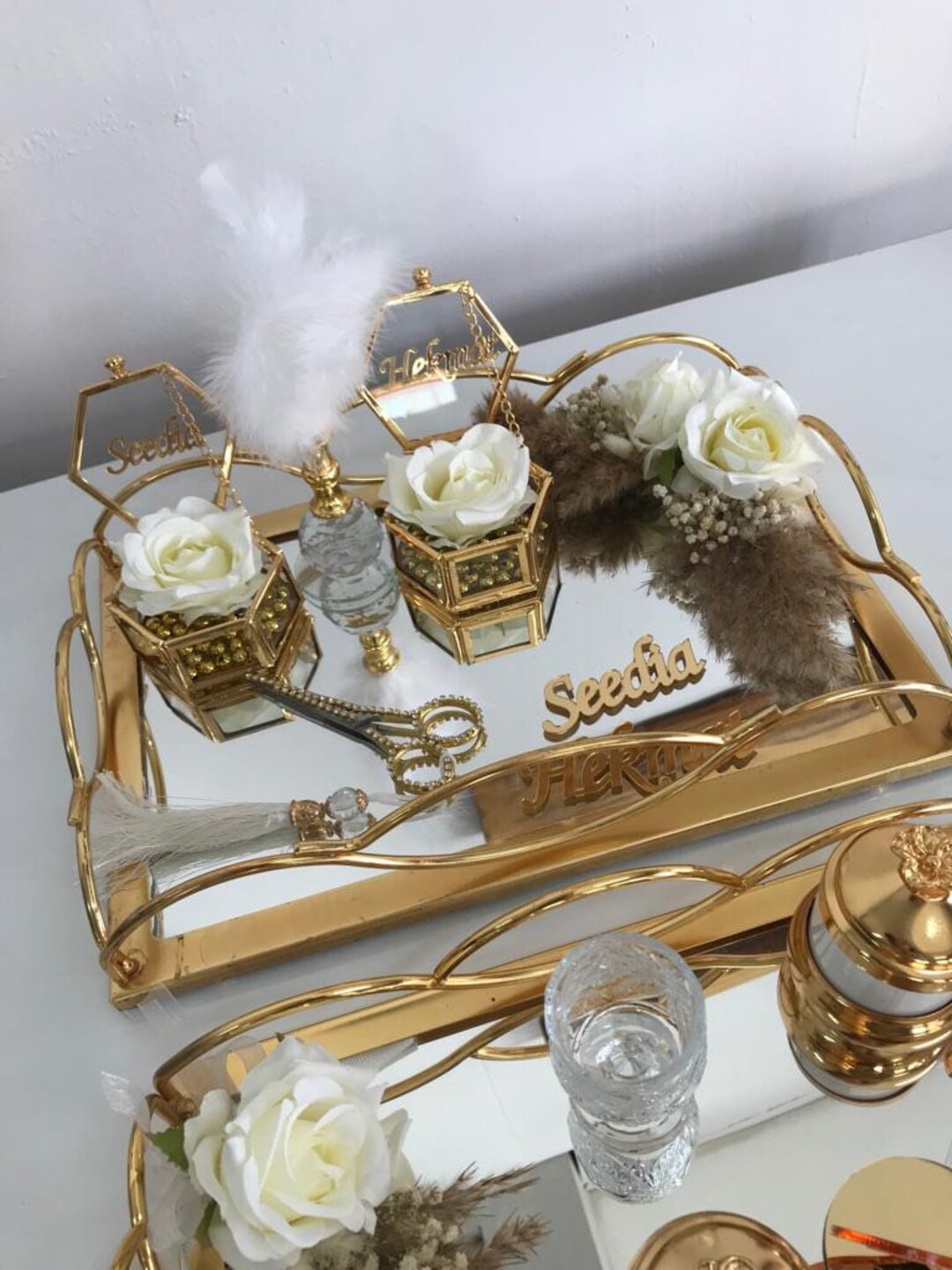 Personalized Engagement Tray Set, Mirrored Wedding Tray With Gem - Etsy