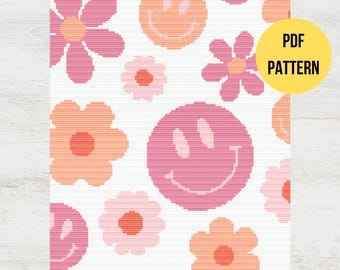 Crochet Smiley Faces & Flowers Blanket Pattern (PDF Pattern) - Etsy