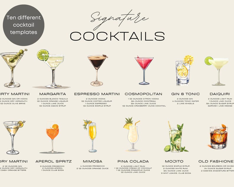Editable Wedding Bar Menu Templates, Cocktail & Mocktail Sign (canva ...
