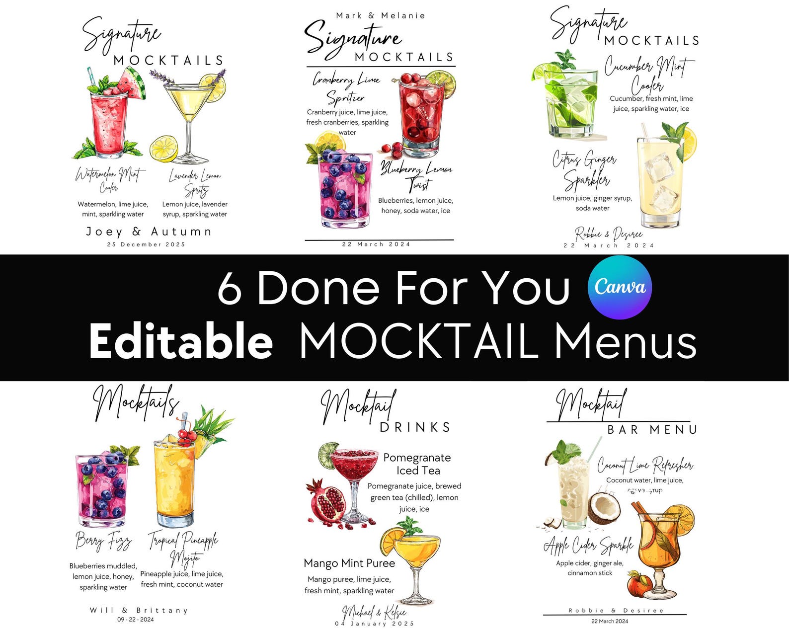 Wedding Mocktail Sign Bundle, Editable Bar Menu Templates (canva) - Etsy