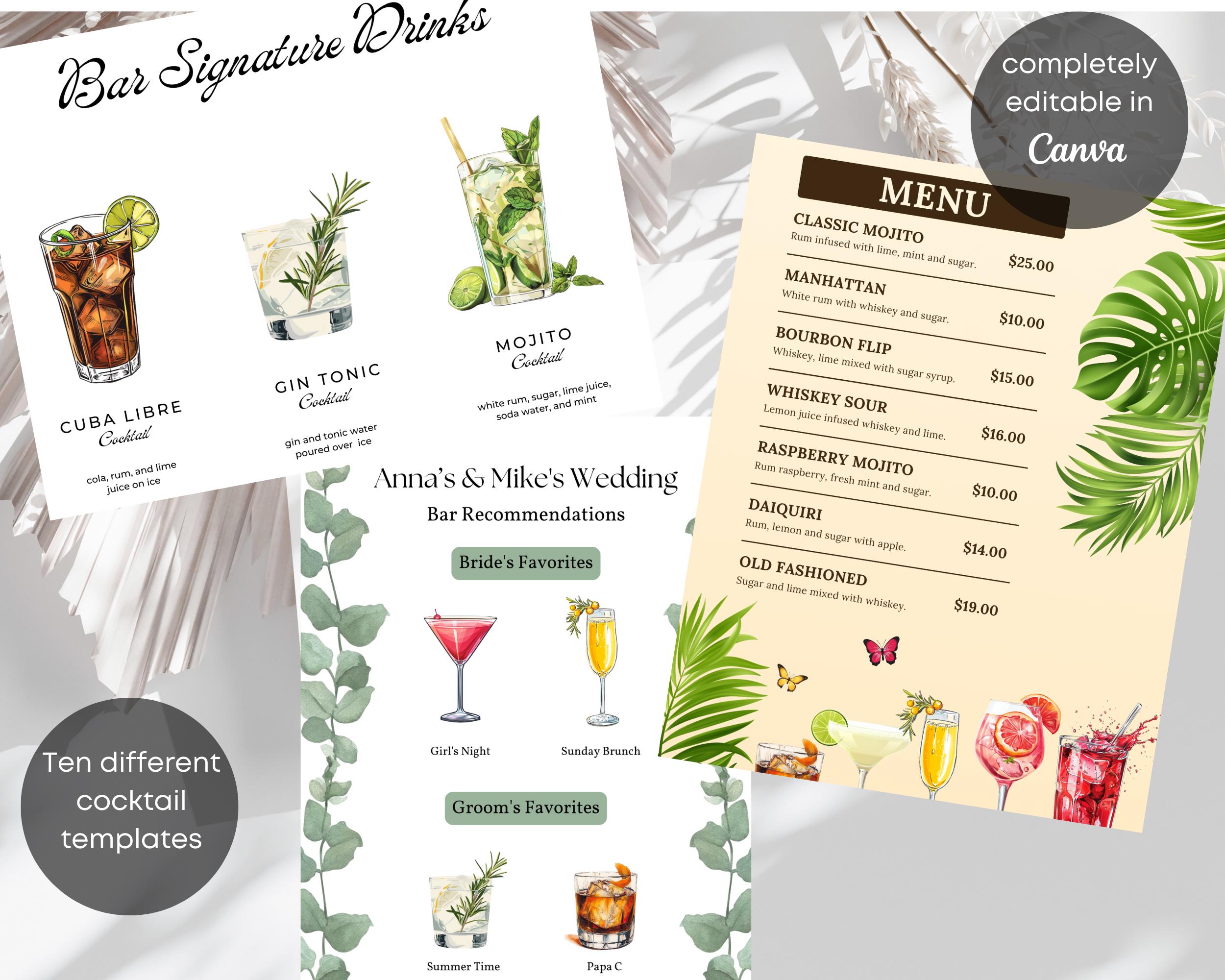 Editable Wedding Bar Menu Templates, Cocktail & Mocktail Sign (canva ...