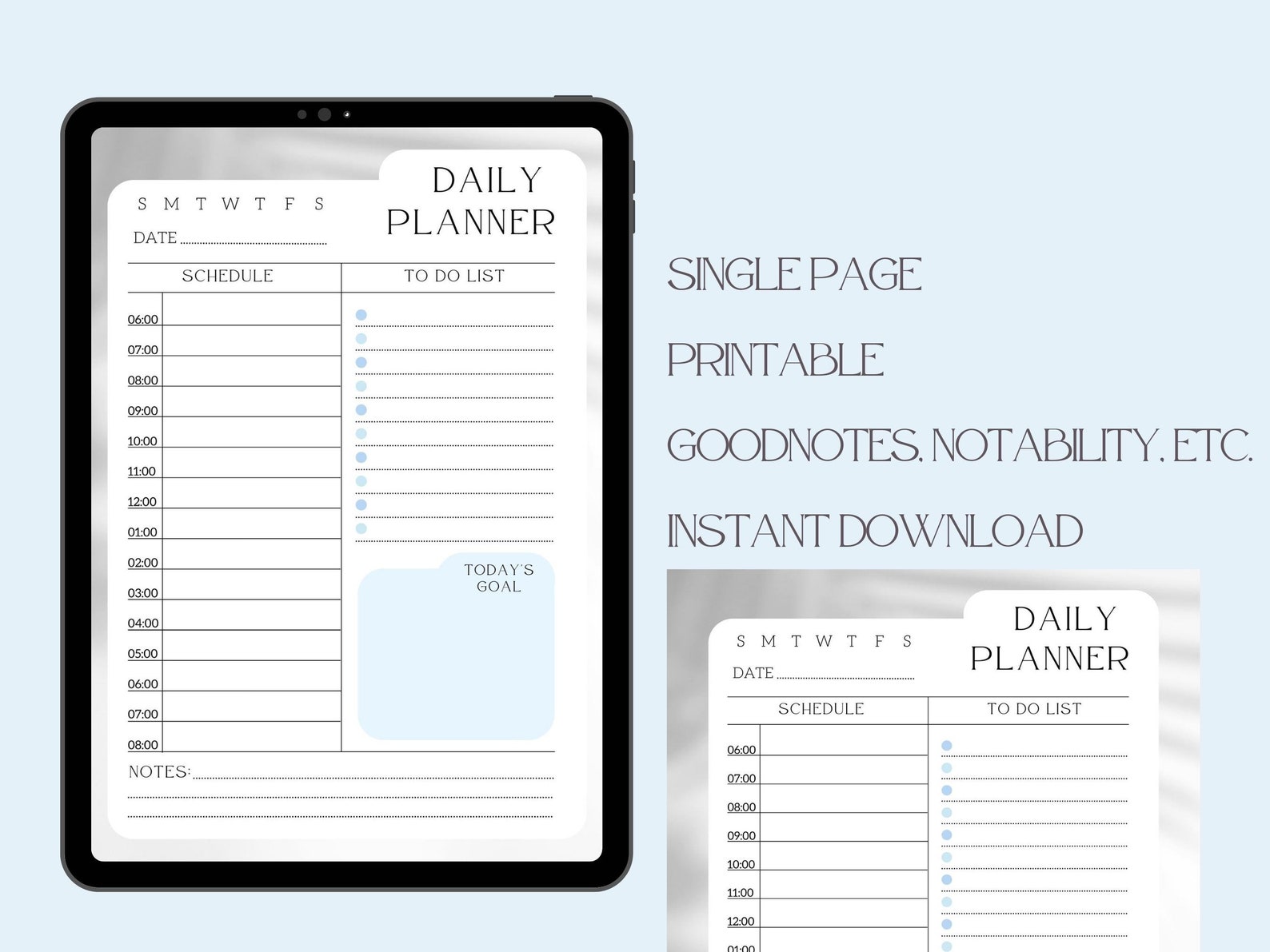 Minimal Design, One Page, Digital, Printable Daily Planner for ...