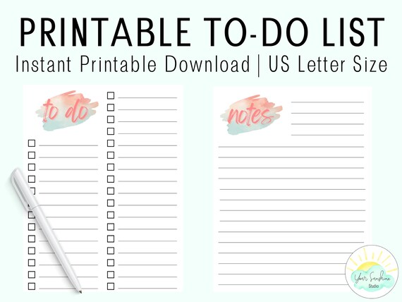 Printable to Do List Notes PDF Cute Watercolor Printable - Etsy