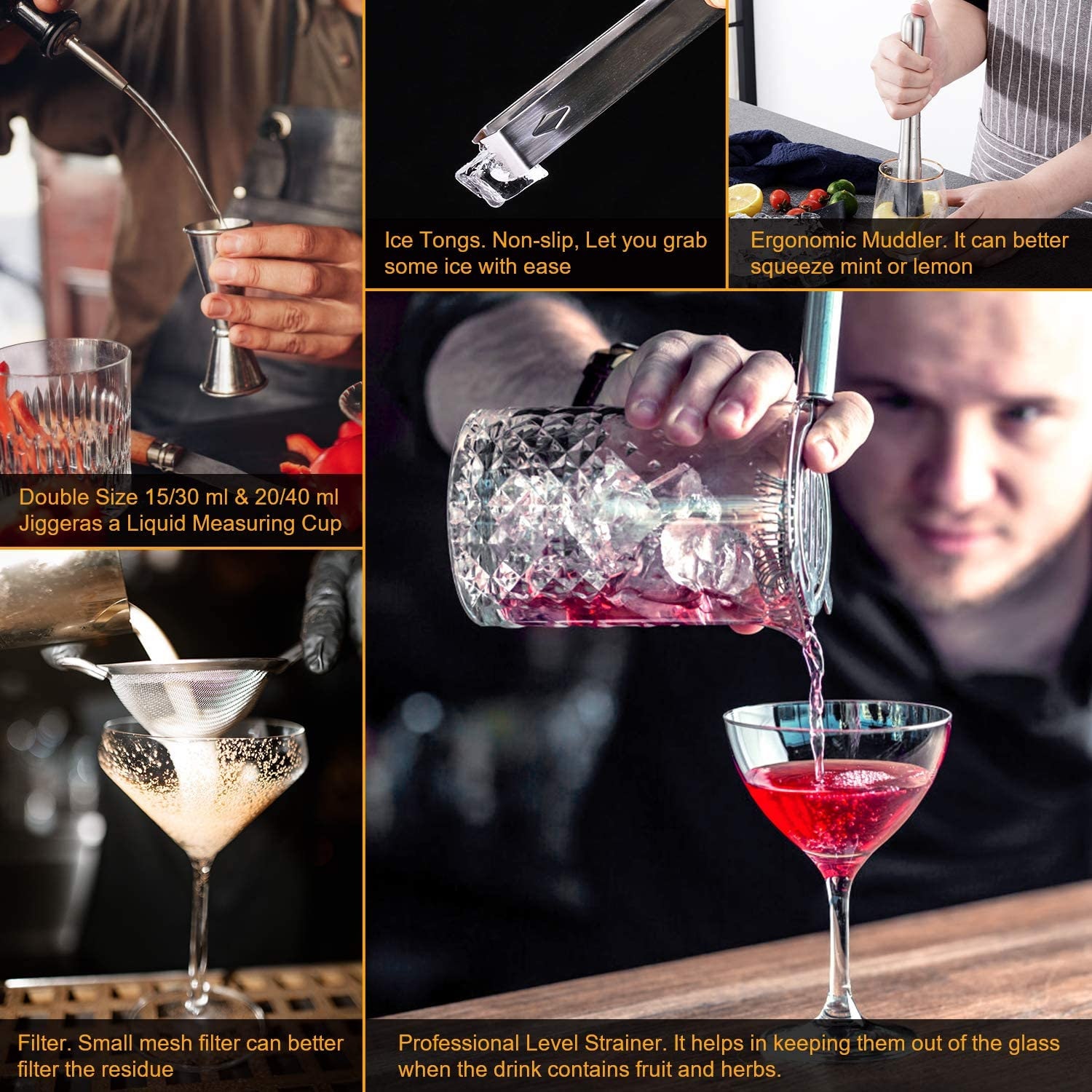 17 Pcs Cocktail Making Set, Stainless Steel Cocktail Shakers Set ...