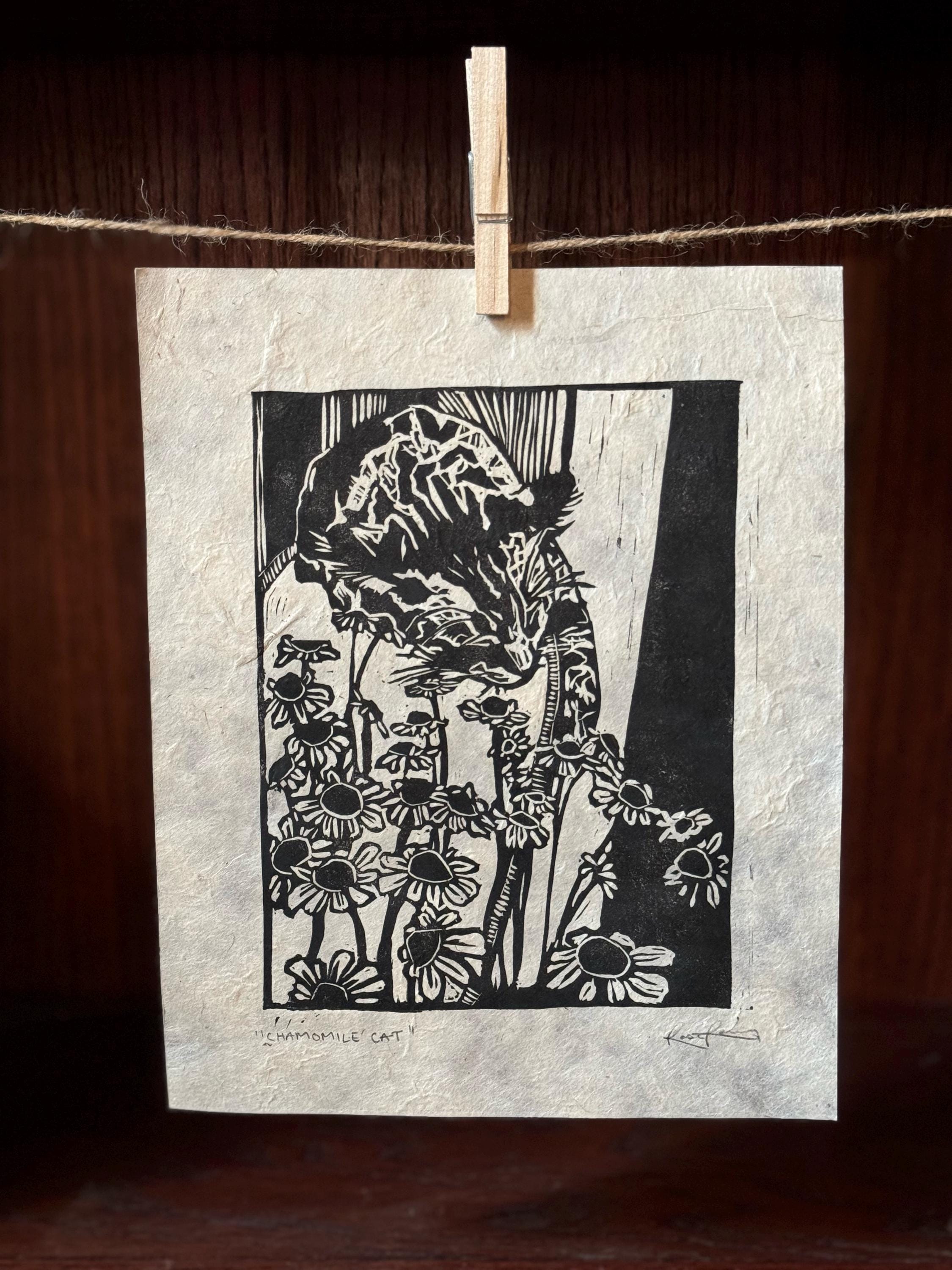 8x10 Linocut Print "chamomile Cat" Handmade Linoleum Block Print Floral ...