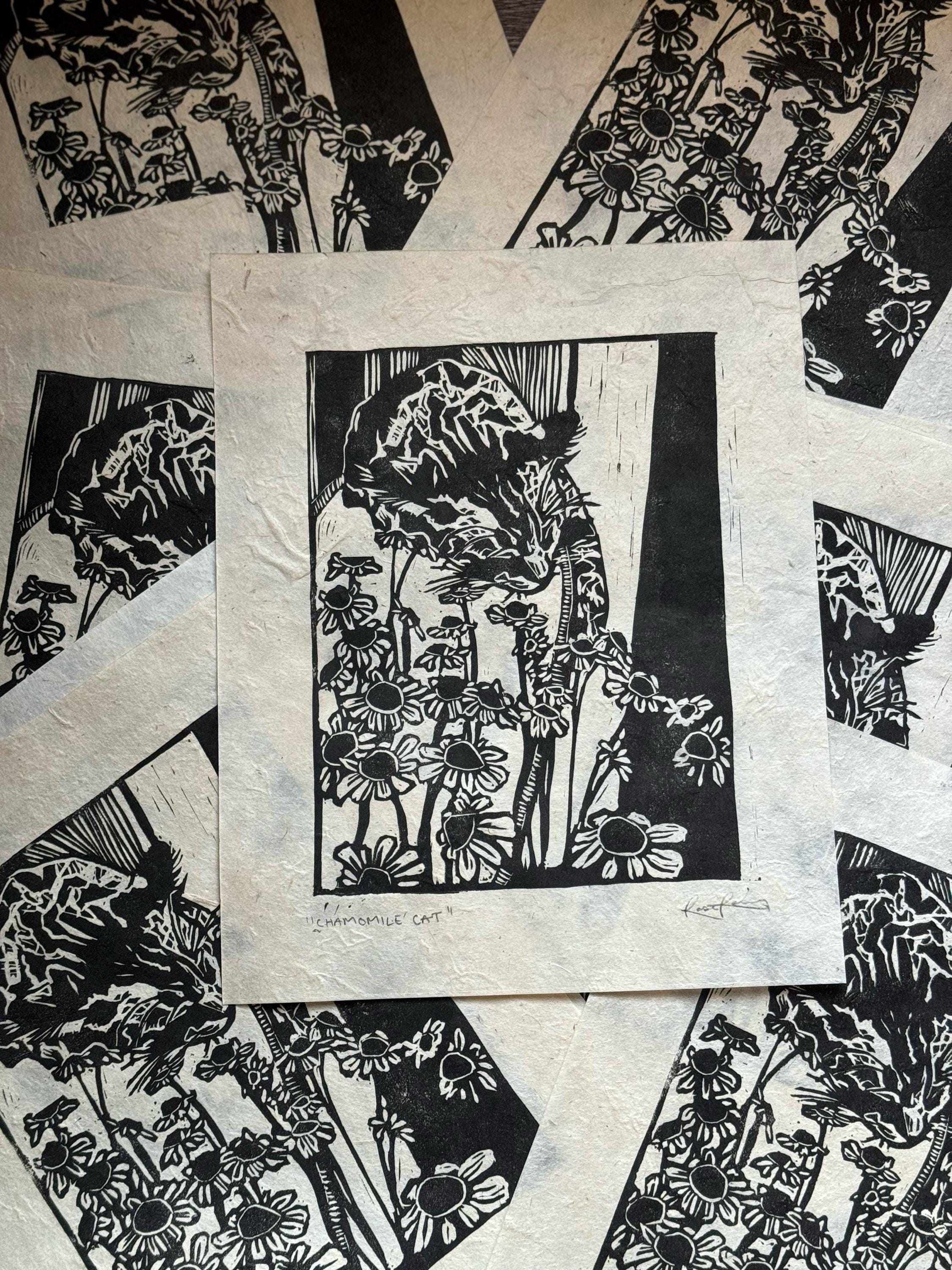 8x10 Linocut Print "chamomile Cat" Handmade Linoleum Block Print Floral ...