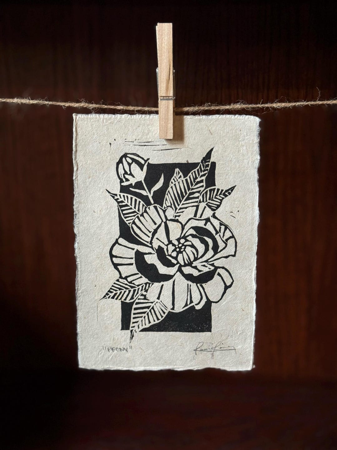 Peony Flower Linocut Print 5x7 Handmade Linoleum Block Print Floral Art ...