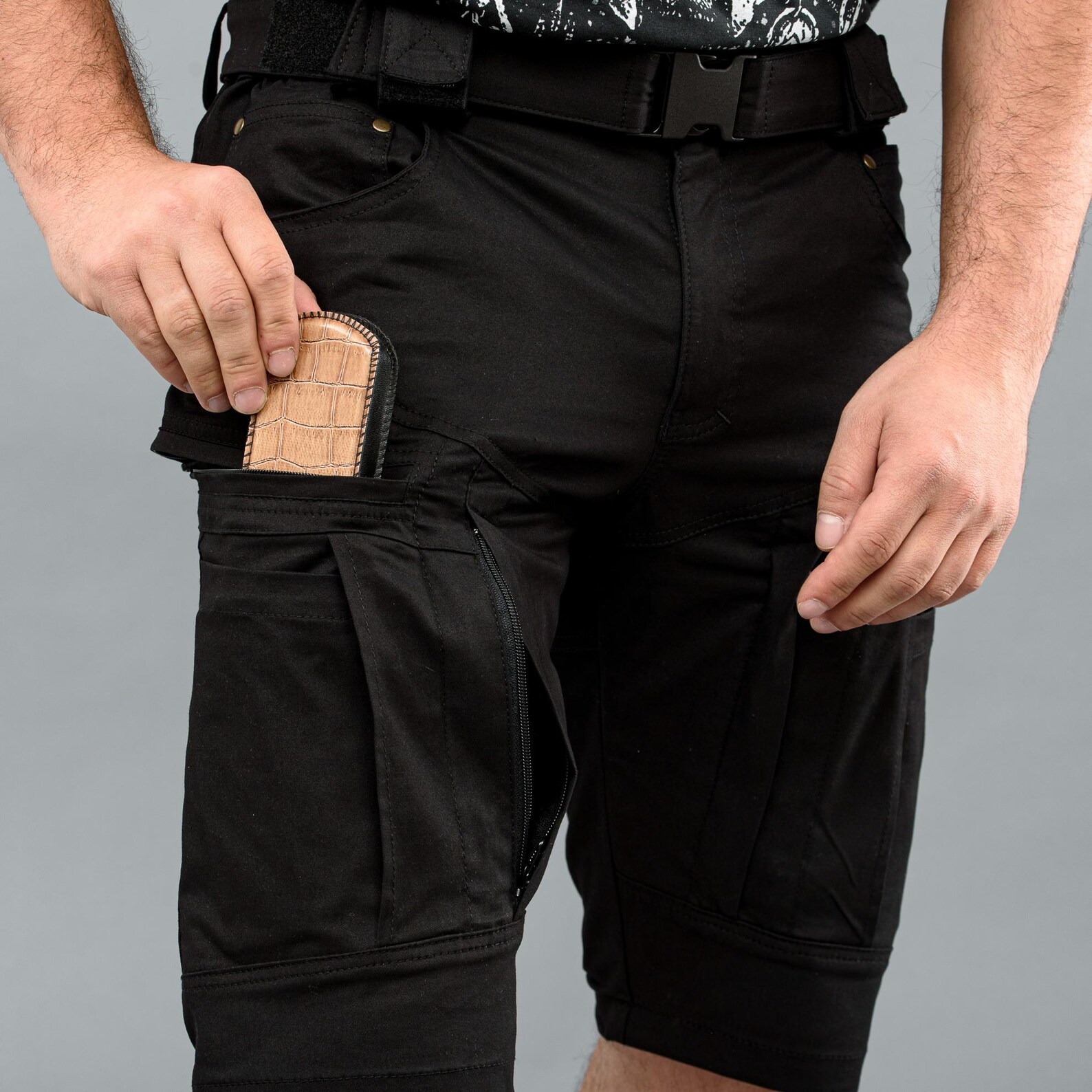 Cargo Shorts With Belt "spartan" Black (cotton Stretch) - Etsy
