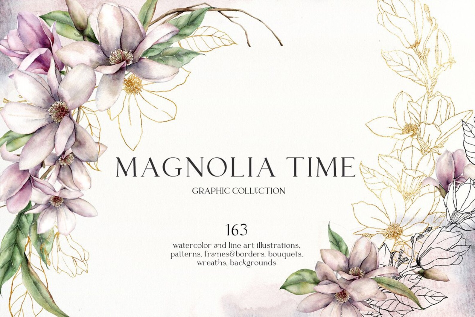 Watercolor Magnolia Flowers Leaves Clipart. Gold Frames - Etsy