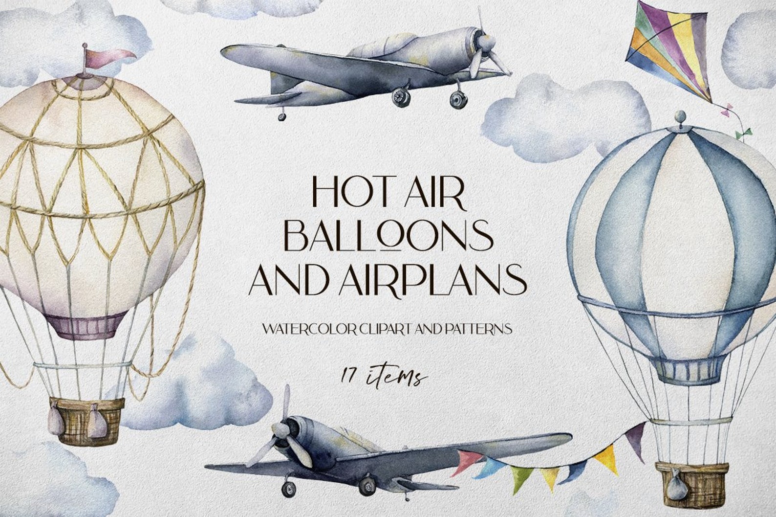 Watercolor Hot Air Balloons and Airplanes Clipart. Retro - Etsy