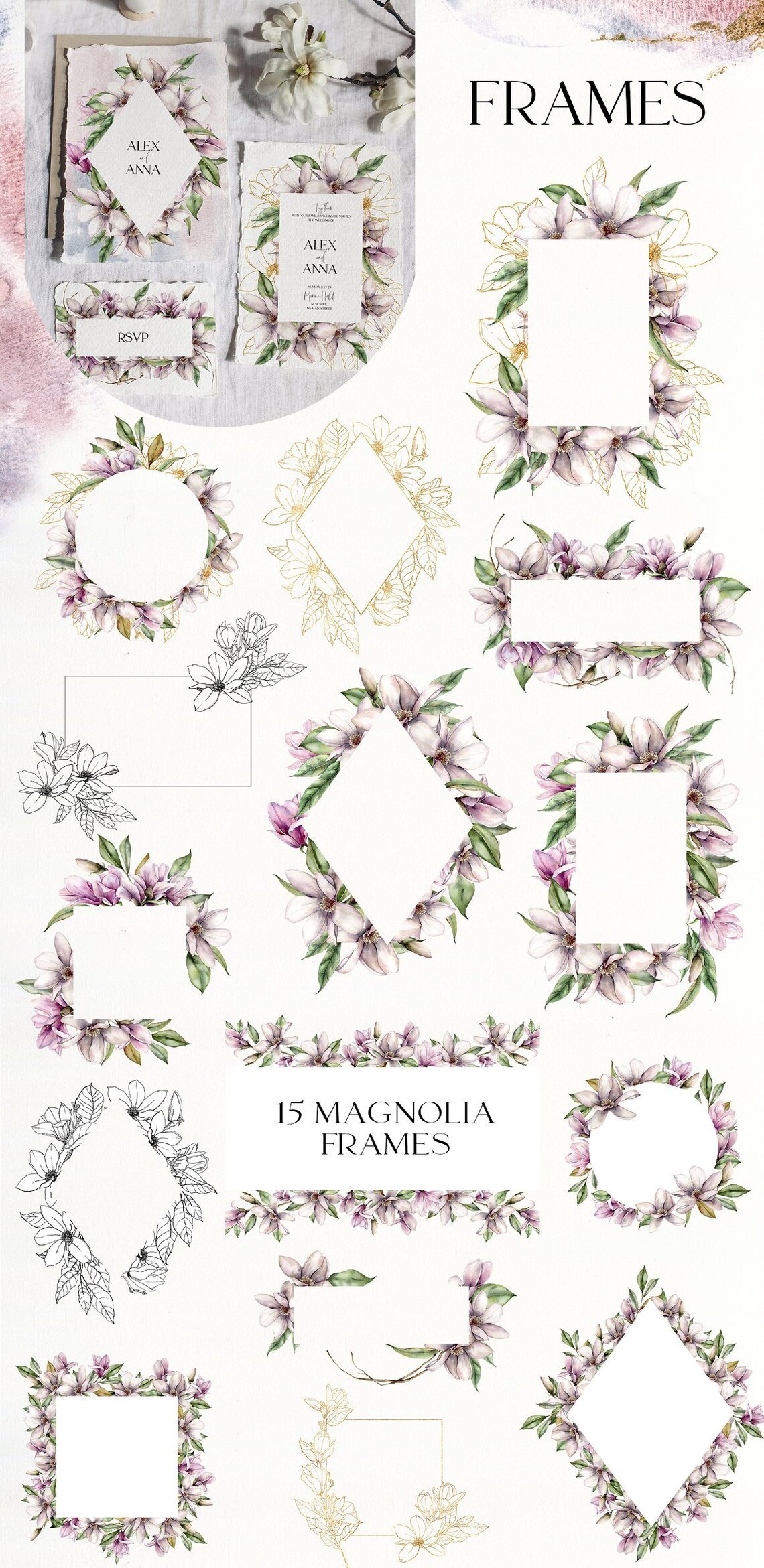 Watercolor Magnolia Flowers Leaves Clipart. Gold Frames - Etsy