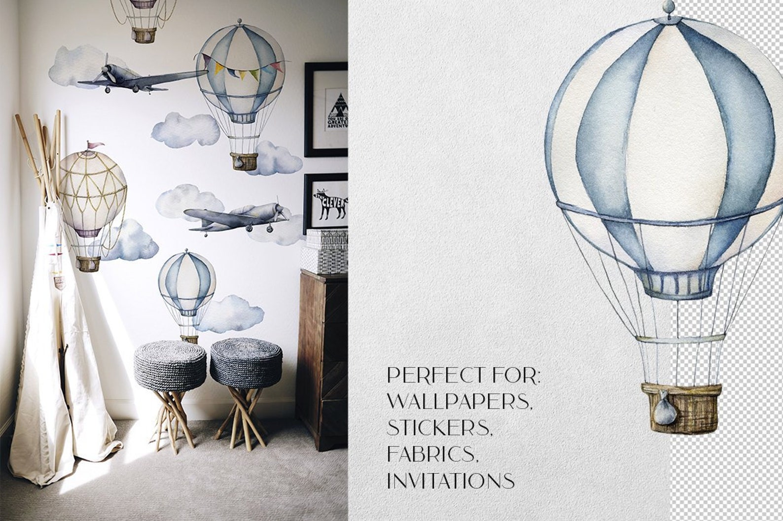 Watercolor Hot Air Balloons and Airplanes Clipart. Retro - Etsy