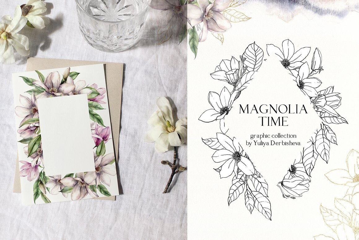 Watercolor Magnolia Flowers Leaves Clipart. Gold Frames - Etsy