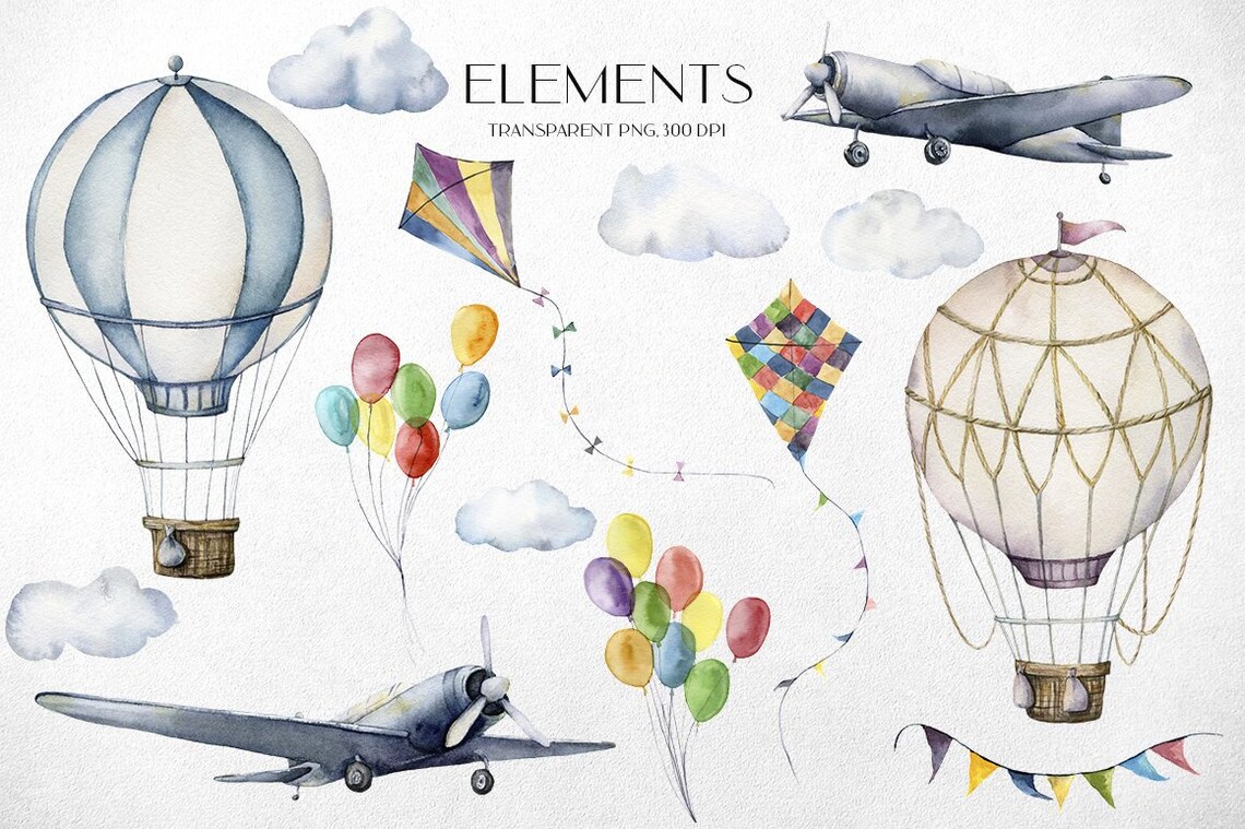 Watercolor Hot Air Balloons and Airplanes Clipart. Retro - Etsy
