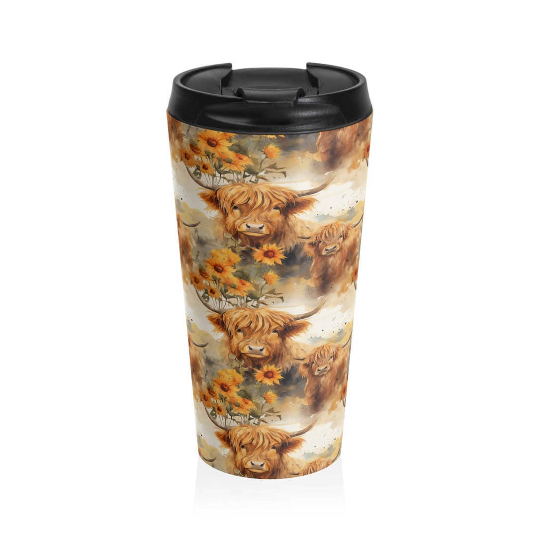 Highland Cow and Her Calf Watercolor 15oz Travel Mug With Flip-top Sip ...