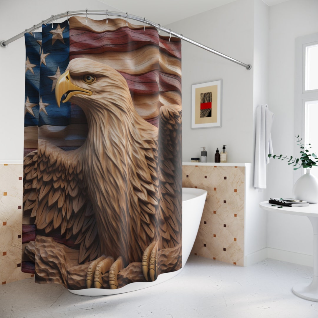 Carved Wood Eagle & American Flag Memory Foam Polyester Shower Curtain ...