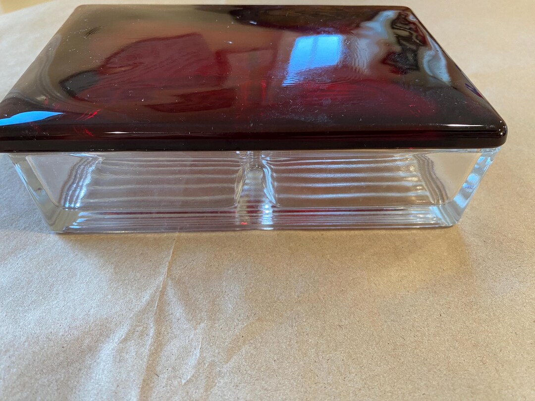 Vintage Anchor Hock Cigarette/playing Card Clear Glass Dish With Ruby ...