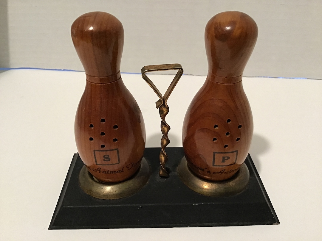 Vintage Wooden Bowling Pins-salt and Pepper Shakers With Metal Stand - Etsy