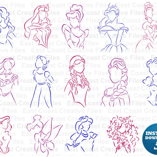 Princess Bundle SVG PNG Princesses Outline Design Family - Etsy
