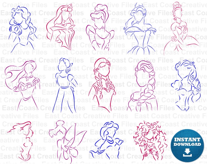 Princess Outline Svg Bundle, Princess Silhouette SVG, SVG, Dxf, Eps ...