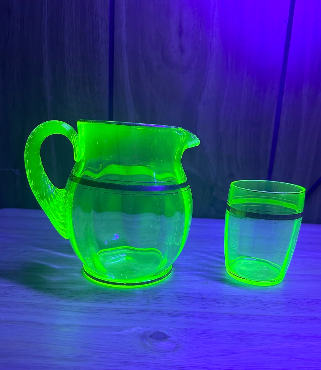 Vintage Uranium Glass Pitcher and Glass Set With Gold Details - Etsy