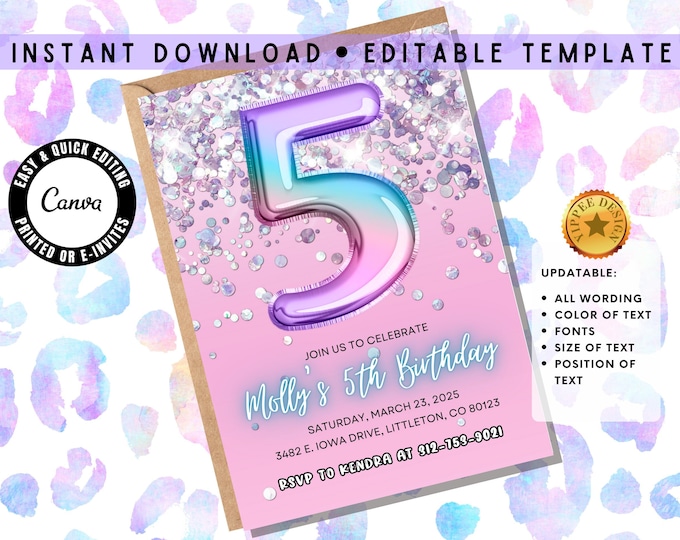 Editable 5th Birthday Invitation Template, Girls Glitter Foil Fifth ...