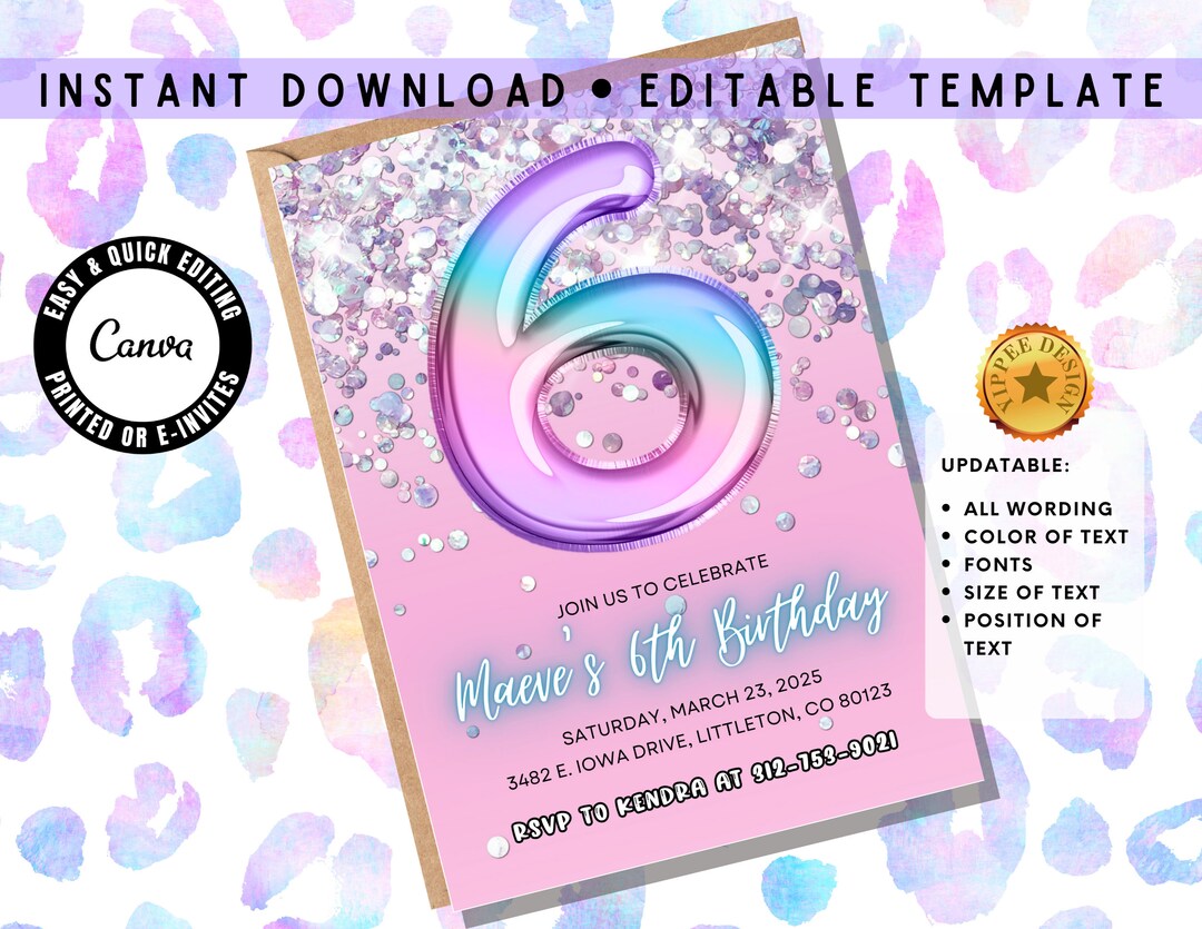 Editable 6th Birthday Invitation Template, Girls Glitter Foil Sixth ...