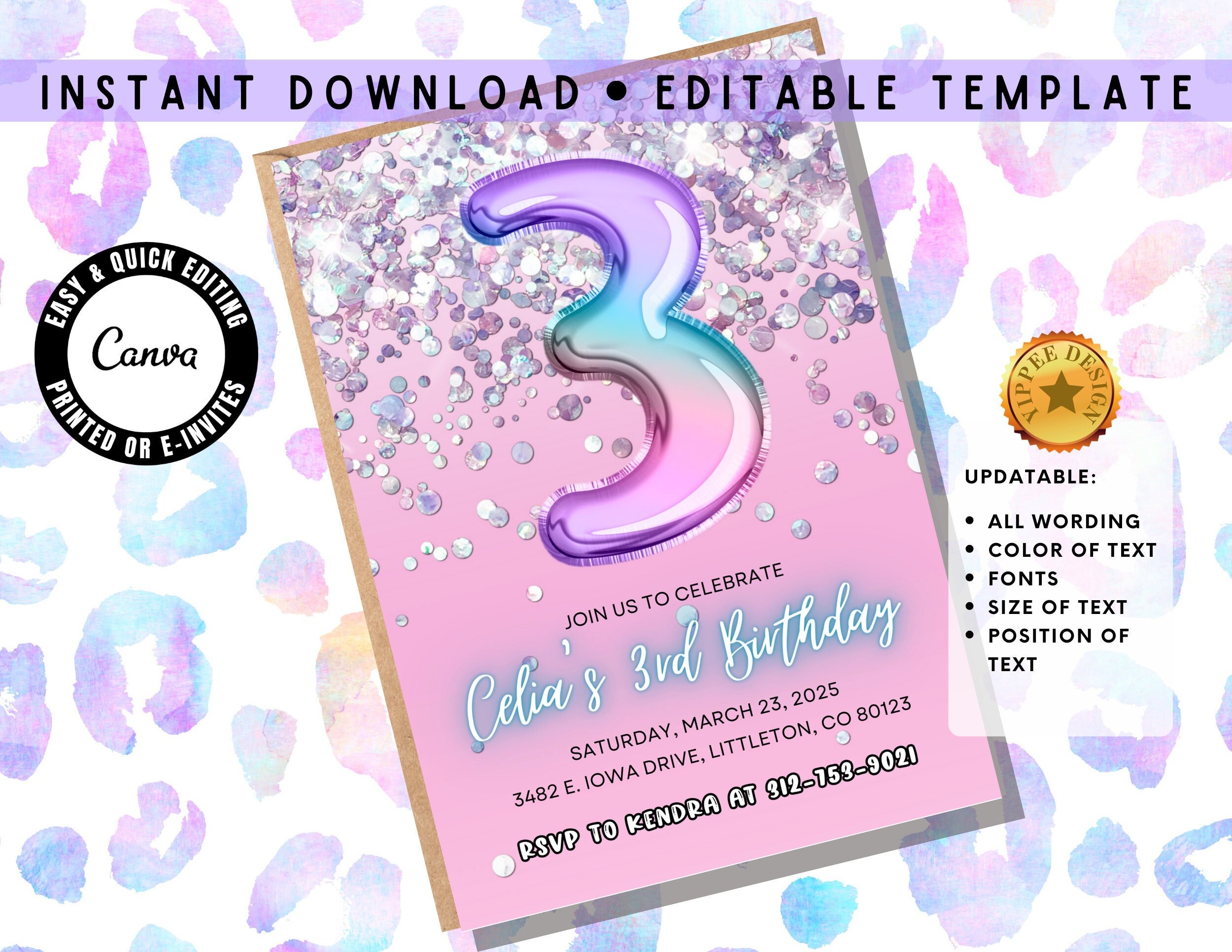 Editable 3rd Birthday Invitation Template, Girls Glitter Foil Third ...