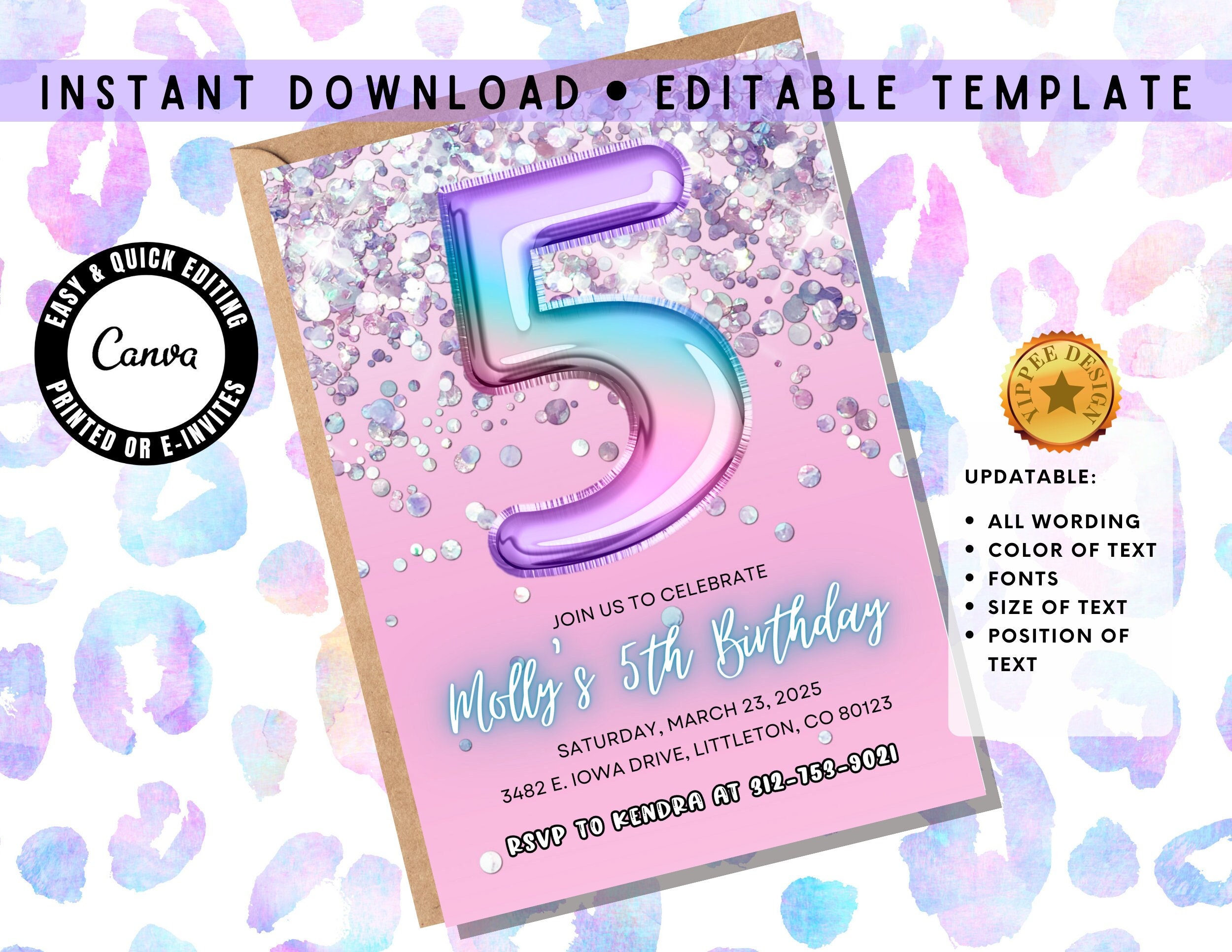 Editable 5th Birthday Invitation Template, Girls Glitter Foil Fifth ...