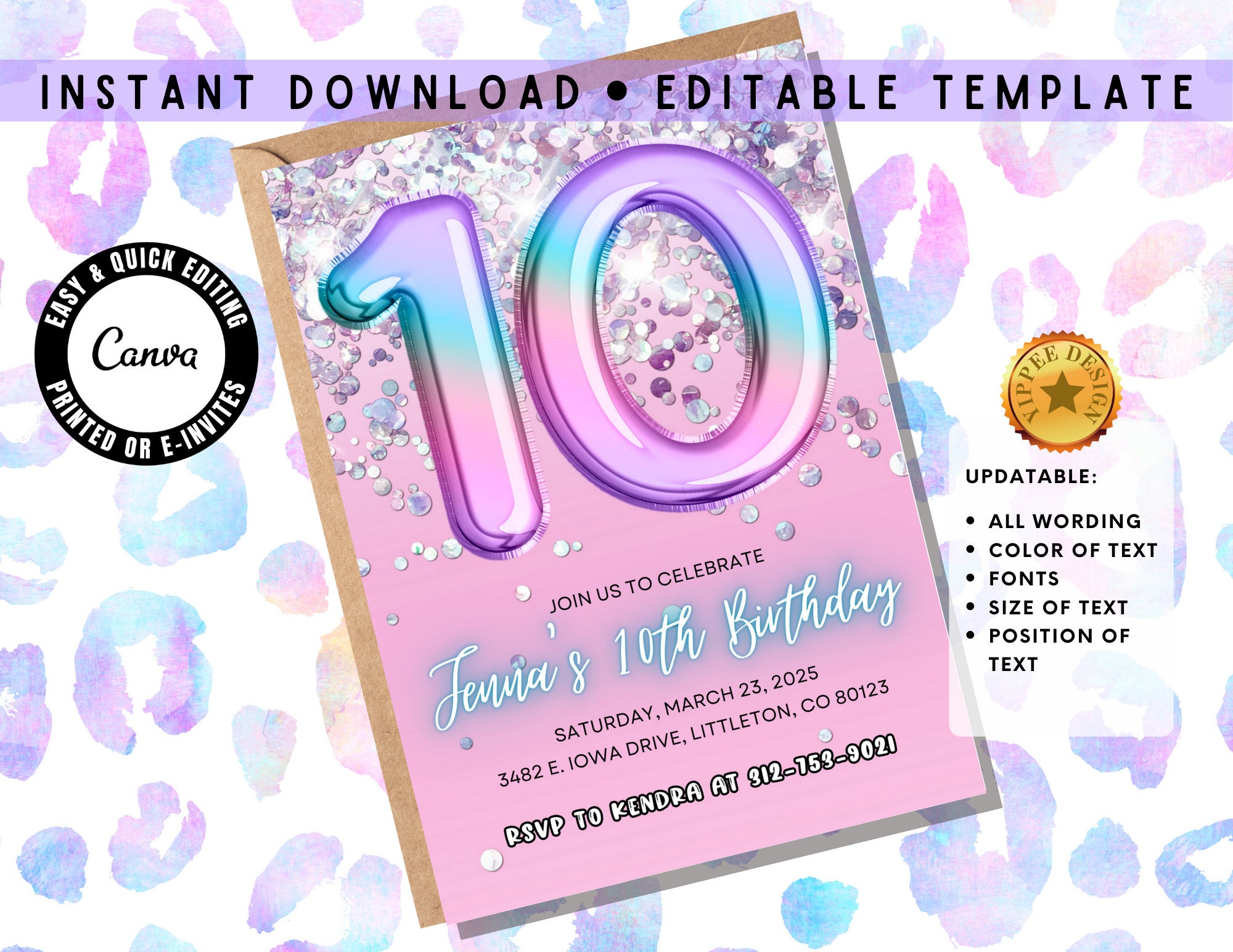 Editable 10th Birthday Invitation Template, Girls Glitter Foil Tenth ...