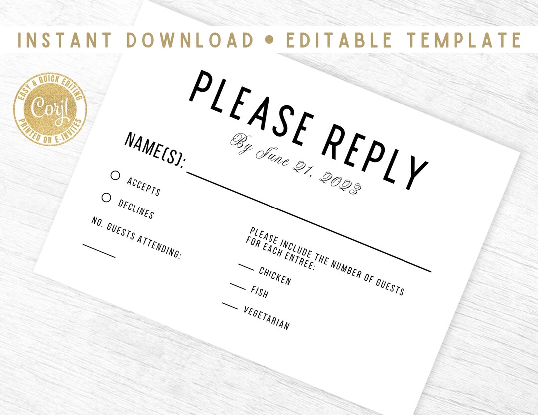 Fancy Wedding RSVP Cards Template Download, Editable Cards, Digital ...