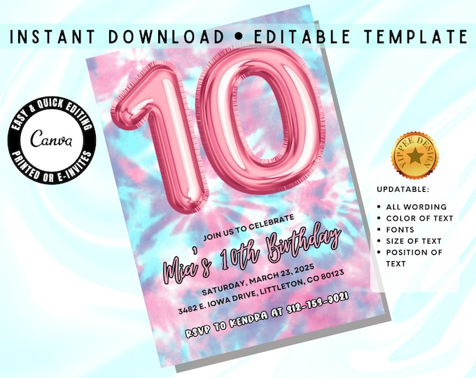 Editable 10th Birthday Invitation Template, Girls Tie Dye Foil Tenth ...