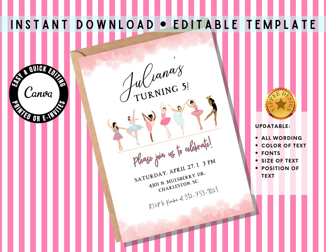 Ballerina Birthday Party Invitation Template, 7th, 8th, 9th, 10th ...