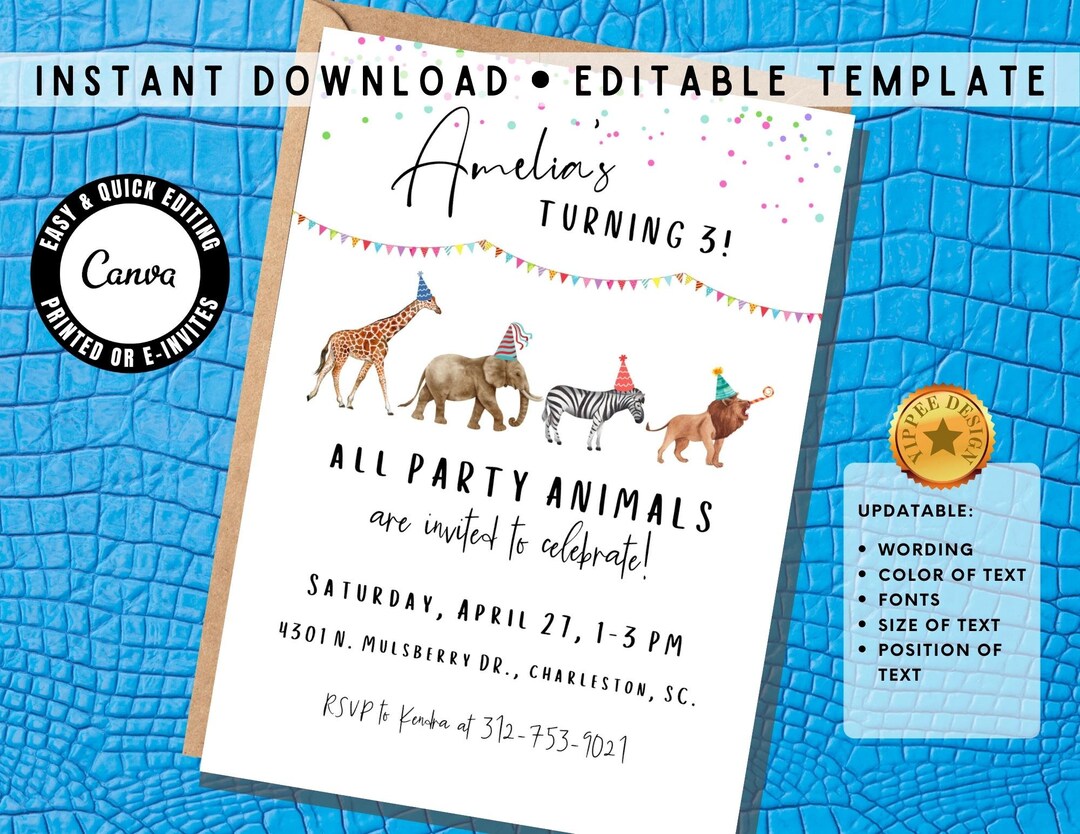 Party Animals Birthday Party Invitation Template, Editable Kids ...