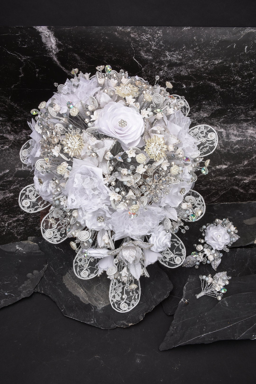 Large Cascade Rhinestone Wedding Bouquet With Boutonniere - Etsy
