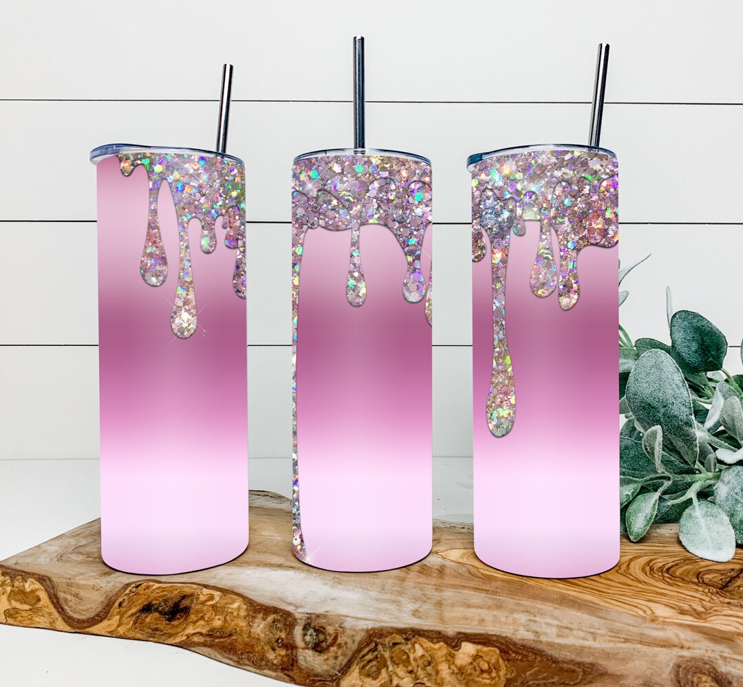 Pink Drizzle Faux Glitter Tumbler, Personalized Tumbler, Double Wall ...