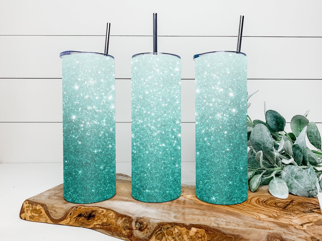 Aqua Ombre Personalized Faux Glitter Name Tumbler, Cute Custom Glitter ...